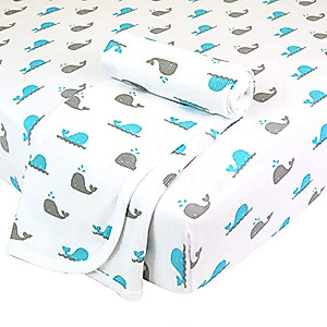 American Baby Company 100% Cotton Thermal Waffle Swaddle Blanket, Soft, Breathable & Stretchy, Aqua Whale, 30" x 40" for Boys and Girls, Perfect for Swaddling, Travel and Gifting
