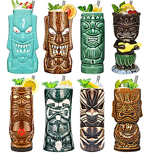 Tiki Glasses,Tiki Cups Set of 8,Ceramic Tiki Mugs,Tiki Glasses for Cocktails,Tiki Tropical Hawaiian Birthday Party Decorations,Cute Exotic Cocktail Glasses Great for Bar,Hawaiian Party,Unique Gift.