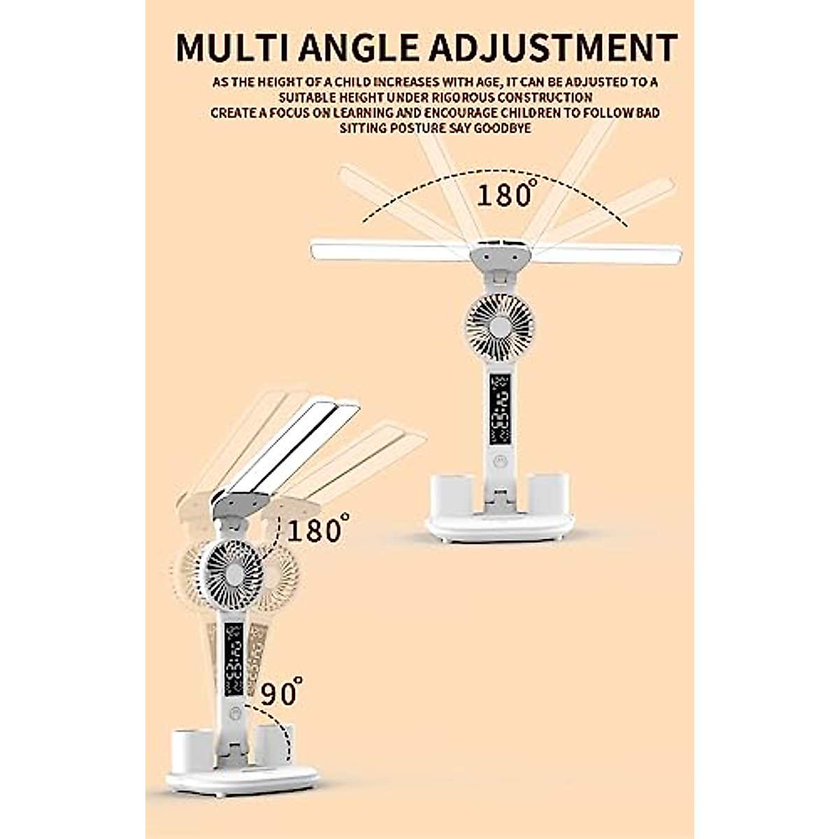 Desk Lamp LED, Lamp with Fan - Foldable Multifunction Table Lamp with Clock Date and Calendar - Led Desk Light with Pen Holder for Bedroom, Home Office Desk Lamp - Reading Table Lamp