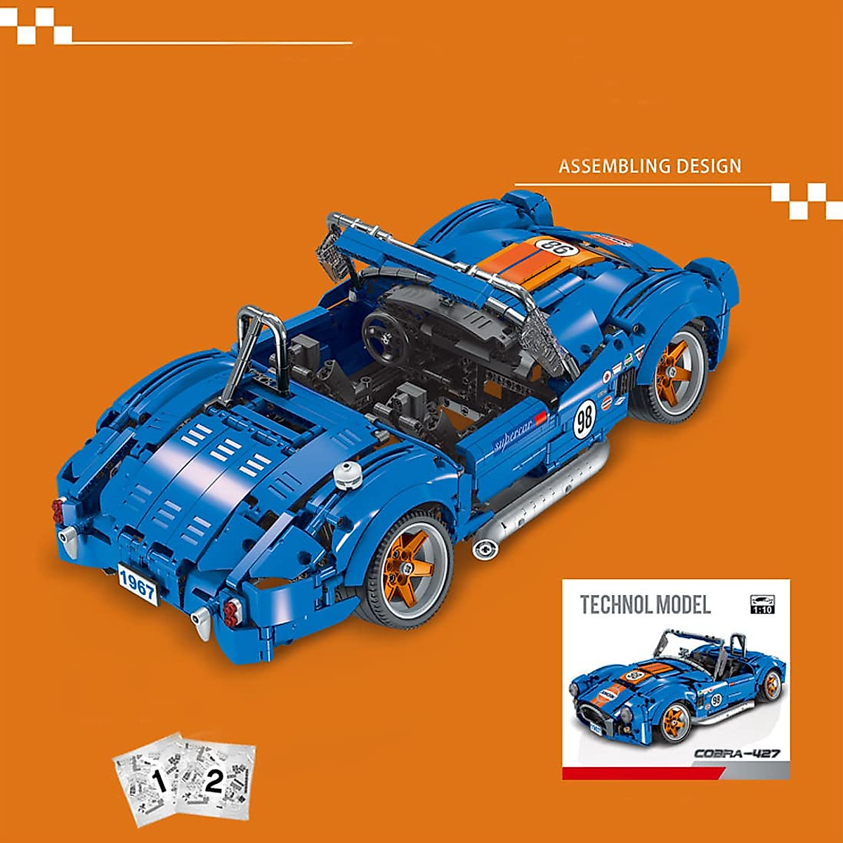Audio Technics Sports Car for Lego Ford Mustang Shelby Cobra 427, 1/10 Technics Racing Car Building Bricks, Compatible with Lego Technic, 1816 Pcs
