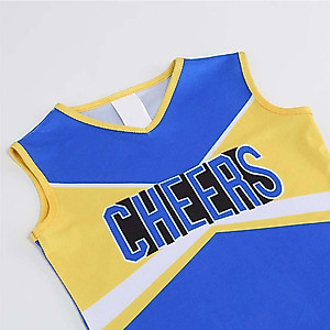 LMYOVE Cheerleader Costume for Girls, Cheerleading Outfit for Kids with Pom Pom, Child Halloween Costume Dress Uniform, Blue & Yellow, 6-7T