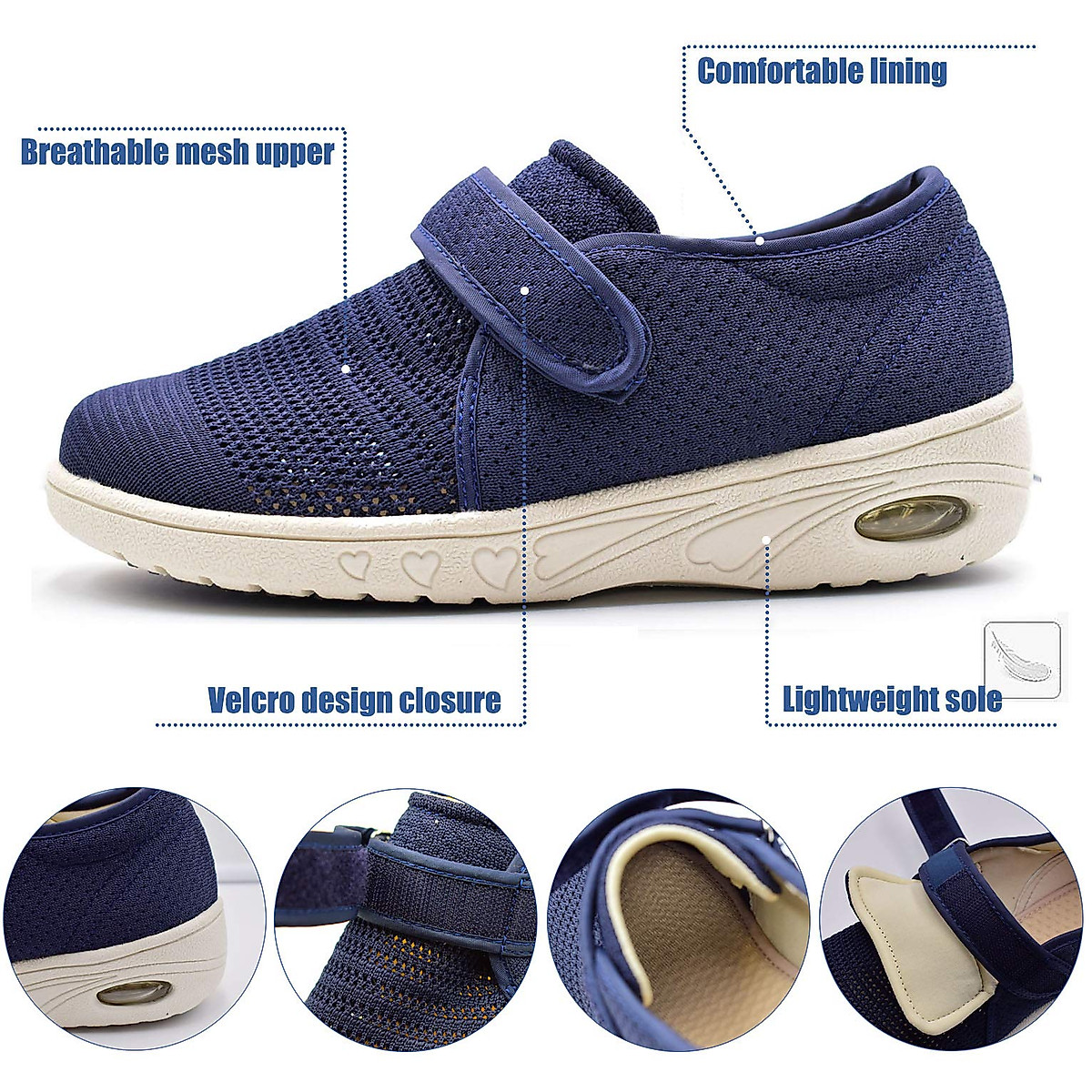 W&Le-Slippers Women's Wide Width Walking Shoes with Adjustable Closures, Air Cushion Breathable Mesh Sneakers for Elderly Diabetic Edema Swollen Feet(Mesh Blue,5)