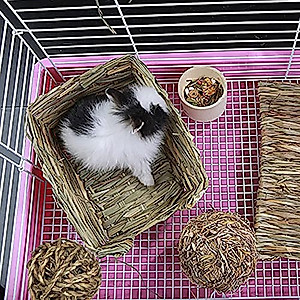 Hamiledyi Rabbit Grass Bed for Bunny, 21 Pcs Rabbit Chew Toys for Teeth Grinding Sweet Bamboo Timothy Stick Woven Grass Ball Pine Cone Natural Straw Bedding for Guinea Pig Hamster Chinchilla