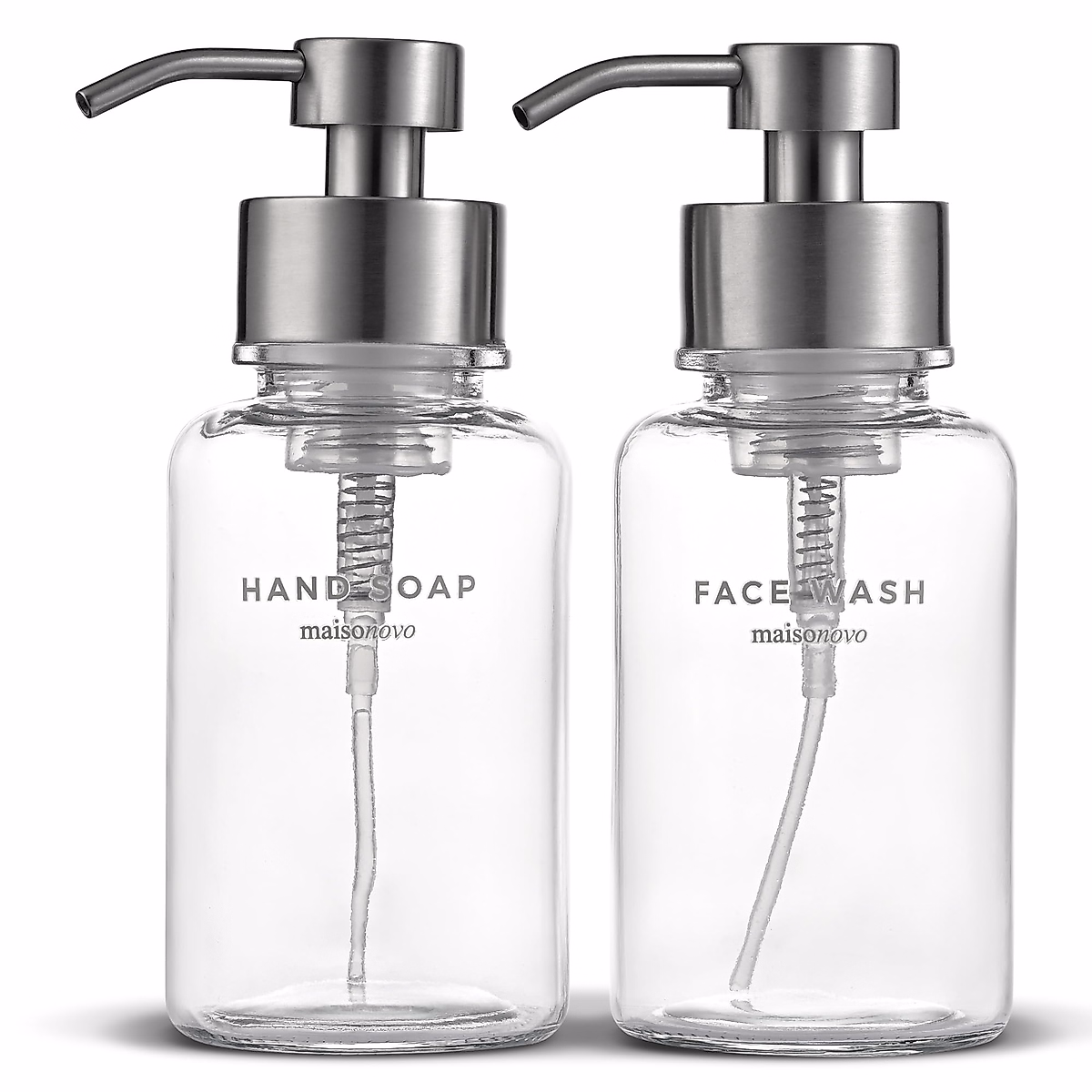 MaisoNovo Glass Foaming Soap Dispenser 14 Oz | Clear Glass Silver Pumps x 2