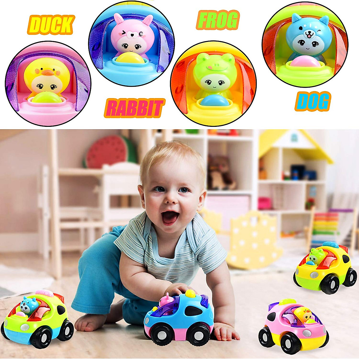 PIIOSER Mini Cartoon Animals Toy Cars for Toddlers, 4 Pack Friction Powered Pull Back Toys Vehicles Play Set for Kids Best Birthday Party Gift for Boys Girls Age 3+ Years Old