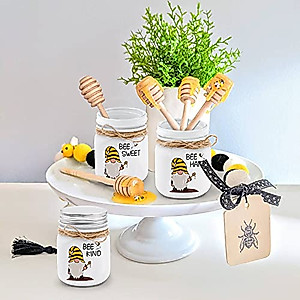 Nefelibata Bee Gnome Mini Mason Jars, Honey Bee Nisse Farmhouse Tiered Tray Decor Bee Sweet Bee Happy Bee Kind Honey Dipper Holders Bumble Bee Tomte Kitchen Centerpieces Decors 3 PCS