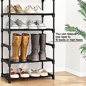 Fixwal 10 Tiers Shoe Rack for Closet, Tall Shoe Organizer Storage Shelf for 20-24 Pairs of Shoes and Boots, Narrow Metal Shoe Shelf with Hooks for Entryway Bedroom Hallway (Black)