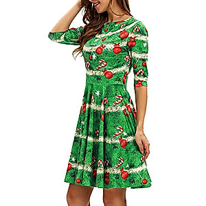 GLUDEAR Christmas Dress, Womens Xmas Tree Printed Gifts A-Line Party Cocktail Dress,Ugly Christmas Tree,L/XL