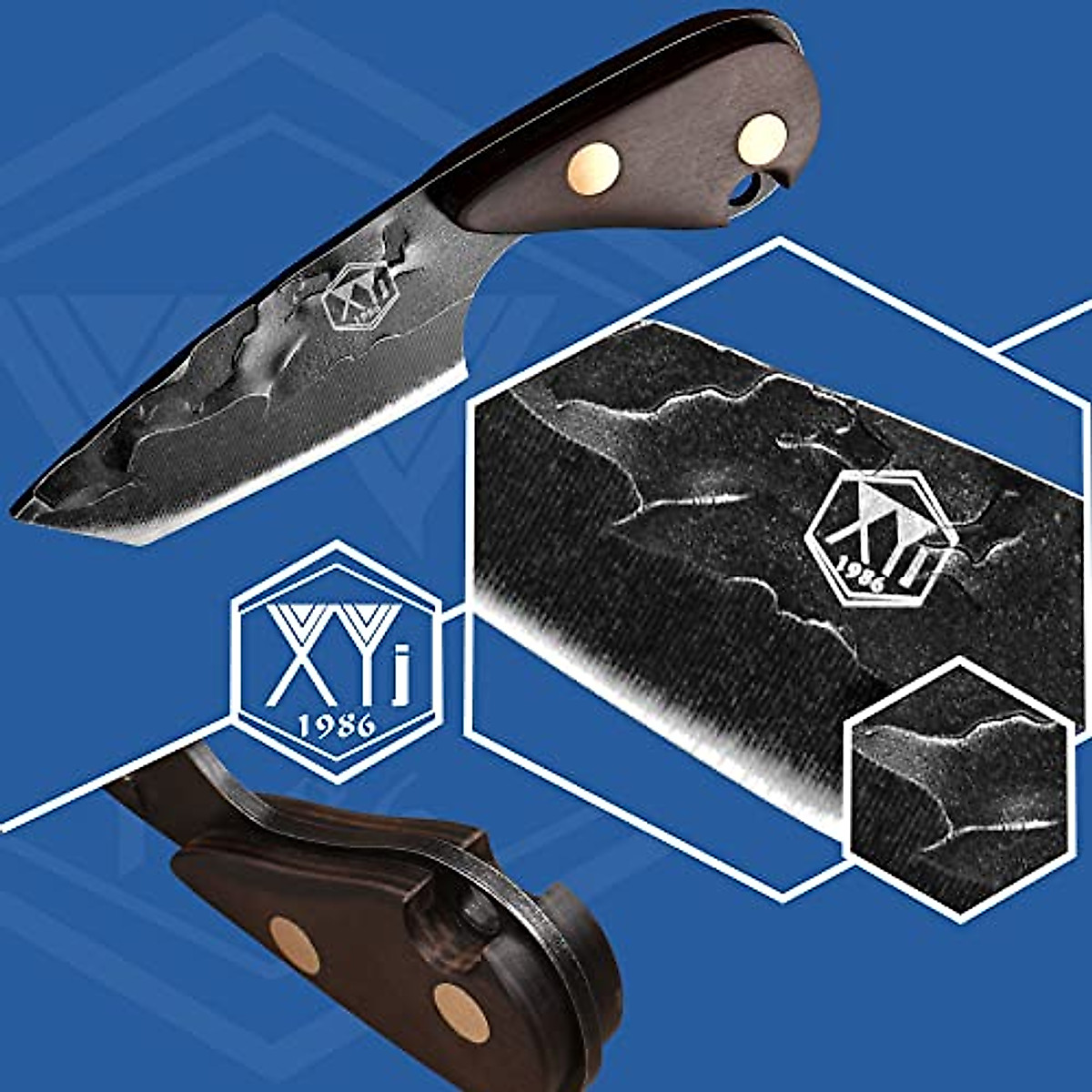 XYJ Authentic Since1986,Camping Pocket Knife With Leather Sheath,Stainless Steel Outdoor Chef Knives,Full Tang Camp Utility Knife,Black Small Portable Cutter (Style 4)