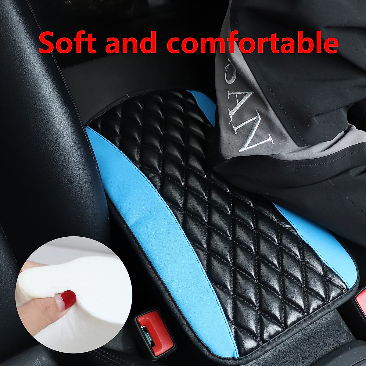 NHHC Car Center Console Pad,Comfortable PU Leather Car Armrest Cushion,Waterproof and Anti-Scratch Car Interior Accessories Universal for SUV/Truck/Car (Blue)