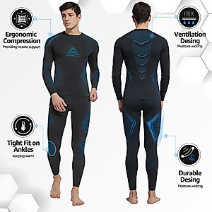 UNIQUEBELLA Thermal Underwear for Men Sets Top Turtle Long Johns Fleece Sweat Quick Drying Thermo Base Layer Blue