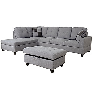NOTOP 3-Piece Linen Leather L-Shaped Sectional Sofas, Button Tufted Upholstered Couch Set with Left Chaise Longue and Storage Ottoman, for Living Room, Home, Office, Grey