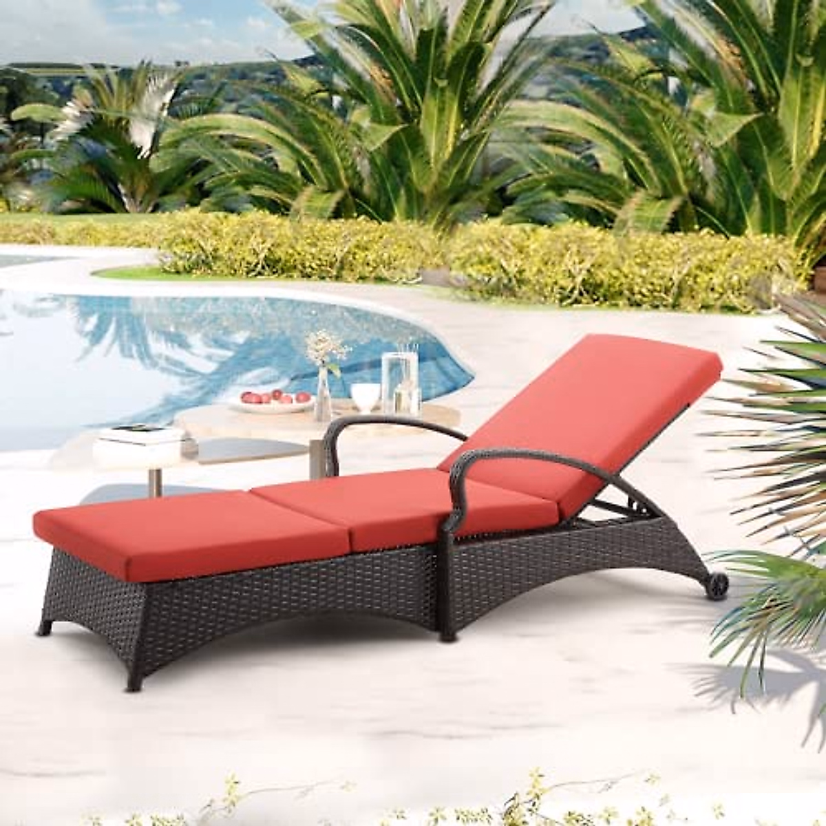 BNEHS Patio Lounge Chair, Chaise Lounge Outdoor, Rattan Sun Chair with Adjustable Back& Removable Cushions, Suitable for Poolside, Porch, Garden, Set of 2 Red