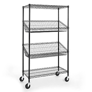 Fencer Wire NSF Commercial Heavy Duty 4 Tier Wire Shelving w/Two Trapezoid Basket, Wheel, Leveling Feet, Storage Metal Shelf, Utility Wire Rack Storage Shelving, Basement Garage Shelving, Black