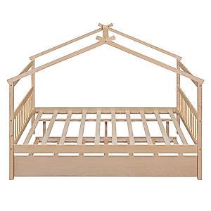 Quarte Full Size Wooden House Bed with Twin Size Trundle,Wooden Daybed Tent Bed for Kids Boys Girls Bedroom,Can be Decorated (Natural/House6)