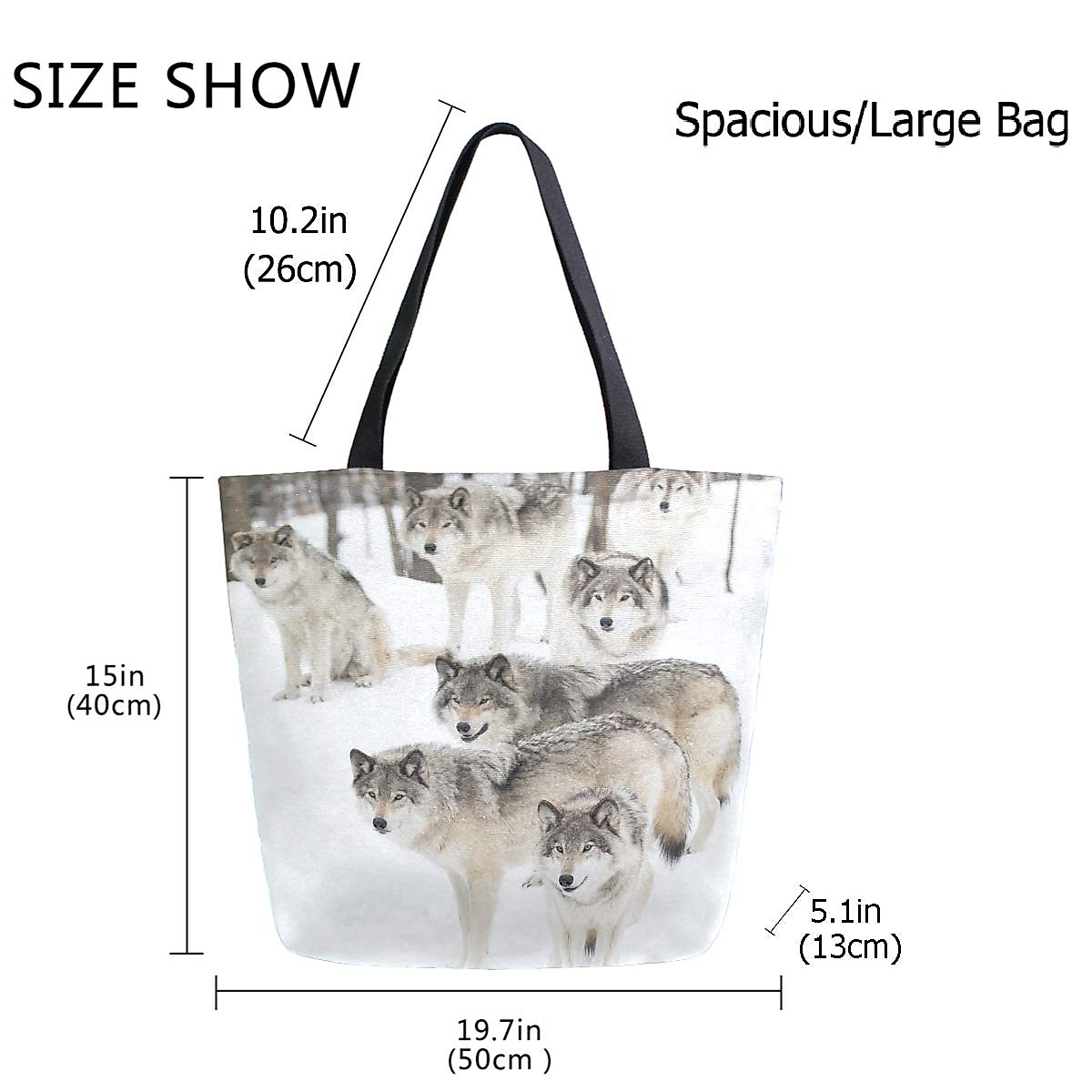 ZzWwR 3D Winter Forest Wolves Print Extra Large Canvas Shoulder Tote Top Storage Handle Bag for Gym Beach Weekender Travel Shopping