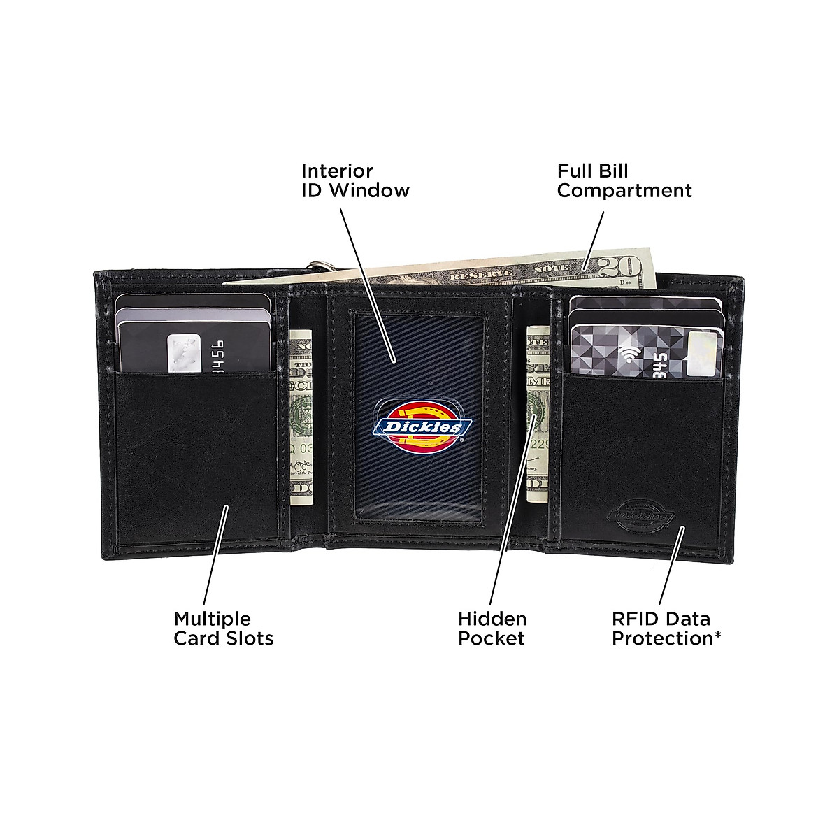 Dickies Men's Leather Chain Wallet - High Security Trifold With ID Window And Credit Card Pockets