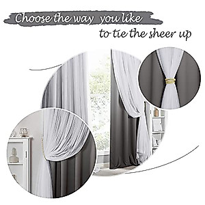 PONY DANCE Living Room Curtains - Blackout Curtains Grey Ombre with White Sheer Overlay Thermal Insulated Mix & Match for Home Decoration with Tie Ropes, W52 x L84 inch, 2 Panels