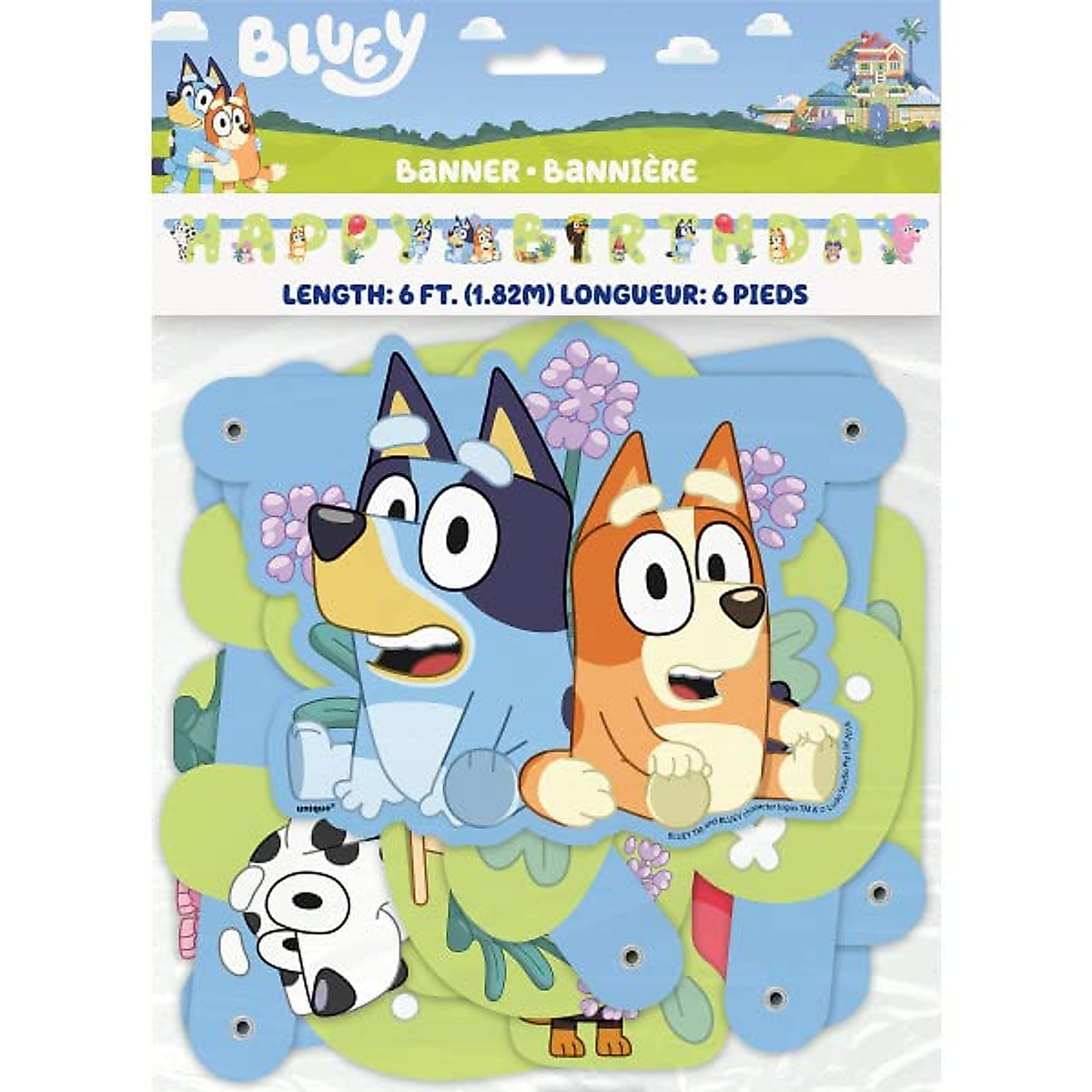 Bluey Birthday Party Supplies Bundle includes 1 Happy Birthday Banner , 3 Hanging Swirl Decorations, 1 Dinosaur Sticker Sheet