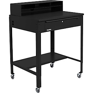 Global Industrial 34-1/2"W x 30" D x 38" H Mobile Shop Desk with Pigeonhole Compartment Riser Flat Surface, Black
