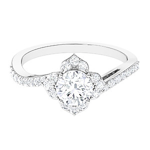 Rosec Jewels Round Shape Zircon Floral Halo Ring, Zircon Bypass Engagement Ring, Zircon Floral Ring for Women, Certified Zircon Engagement Ring, 10K White Gold, Size:US 11.00