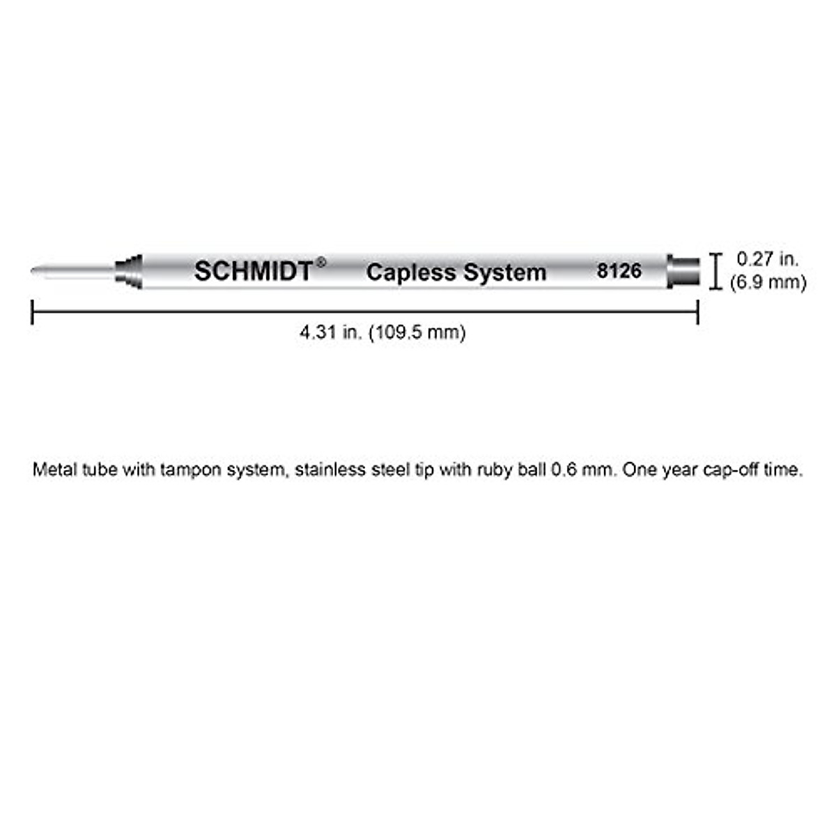 SCHMIDT 8126 Long Capless Rollerball Refill Fine Point 0.6mm, Black, 2 Pack Blister (SC58123)