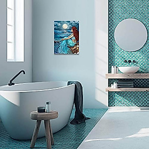 Girl Wall Decorations Blue Ocean Wall Art Bedroom Decor for Women Moon Night Wall Painting Shell Canvas Prints Size 12"x 16"