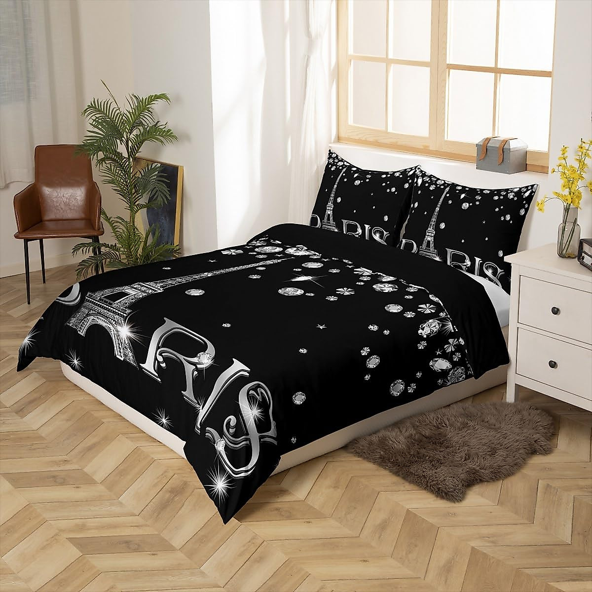Eiffel Tower Duvet Cover King,Paris Bedroom Comforter for Women,Black and White Romantic Tower Bedding Set,Gradient Diamond Comforter Cover,Sparkles Sequins Bedspread Cover with 2 Pillow Shams