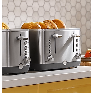 GE Stainless Steel 4 Slice Toaster | Extra Wide Slots for Bagels, Breads, Waffles & More | 7 Shade Options | Countertop Kitchen Essentials | 1500 watt