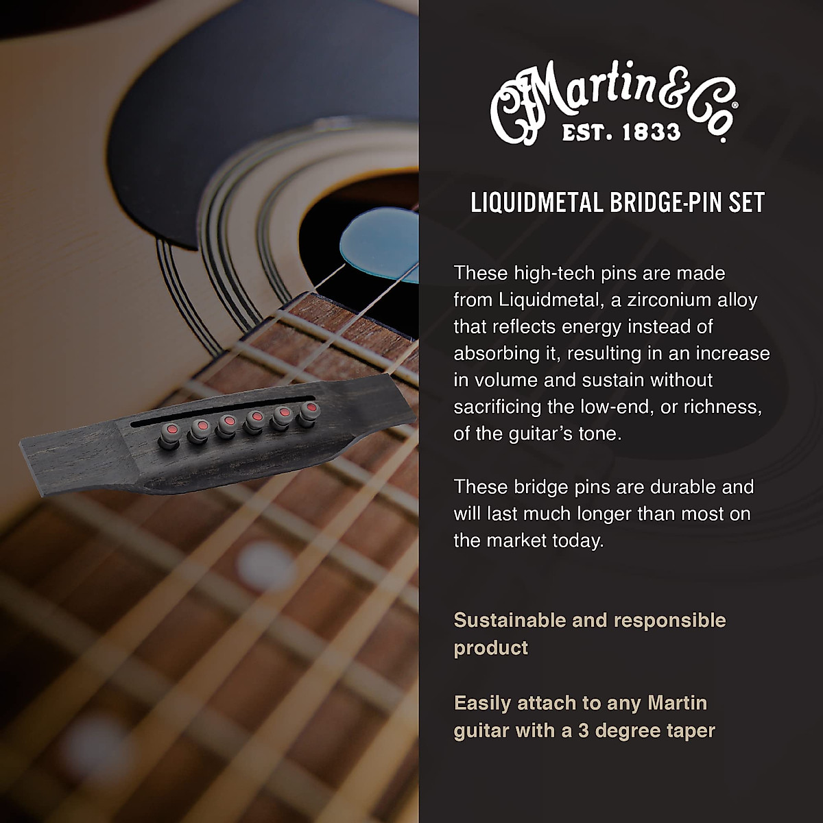 Martin Guitar LUXE by Martin Acoustic Guitar Bridge Pins, Acoustic Guitar Bridge-Pin Set, Matte Grey with Red Inlay, 6 Pins Per Pack