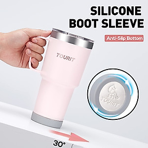TOURIT 30oz Insulated Tumbler with Handle and Straw, 3 in 1 Sip-All-Way Reusable MagSlider Lid. Double Wall Sweat-proof BPA Free to Keep Beverages Cold For 24Hrs or Hot For 8Hrs - Pink