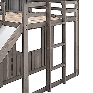 BOVZA House Bunk Beds with Slide, Wood Twin Over Full L-Shaped Bunk Beds with Roof, Windows, Ladder and Guardrails for Kids Teens Girls Boys, Antique Gray