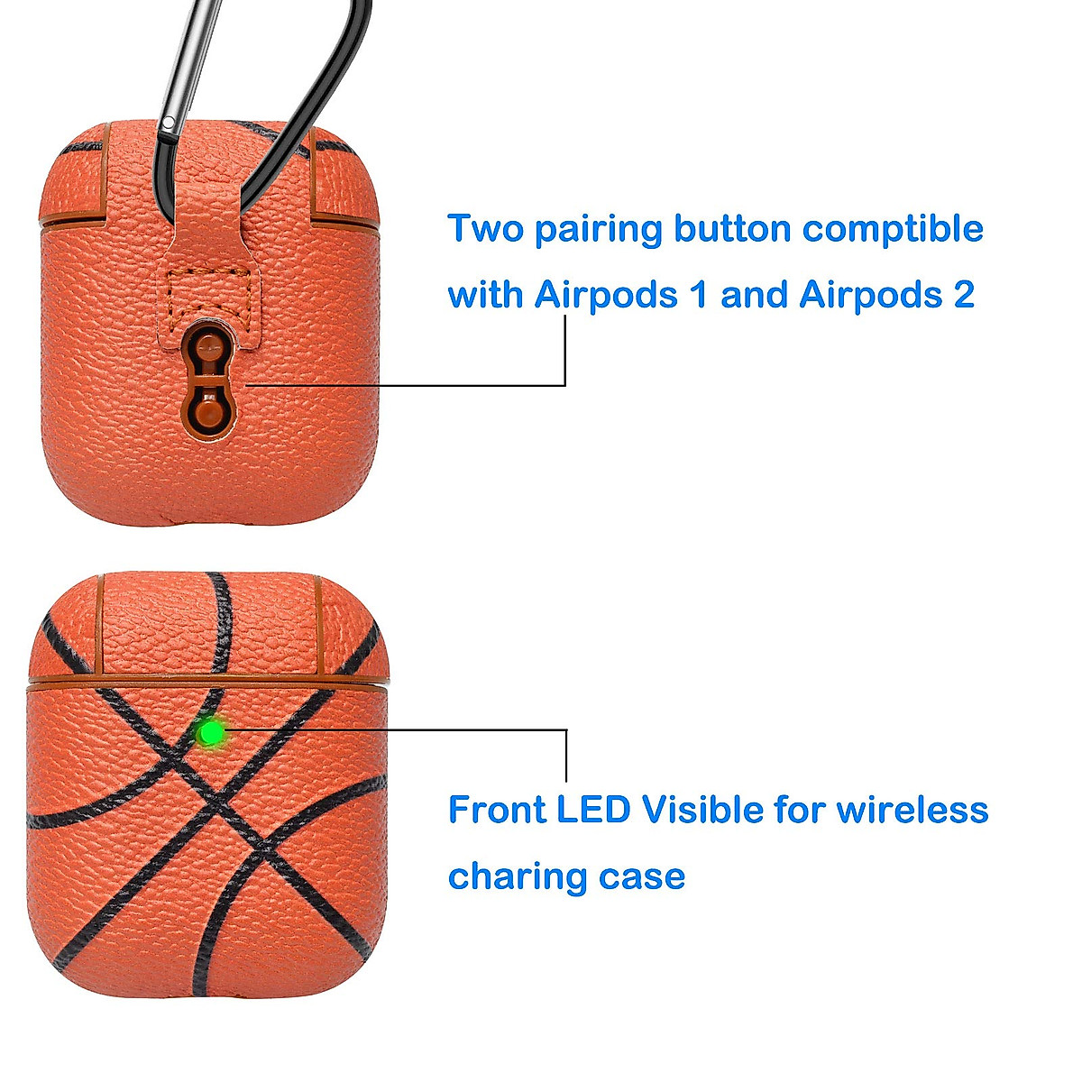 Tekcoo AirPods Case, [Front LED Visible] AirPods Accessories Cover Compatible with Apple Airpods 1 & AirPods 2 Protective PC Plastic Inner + PU Vegan Leather Pattern Skin & Keychain [Basketball]