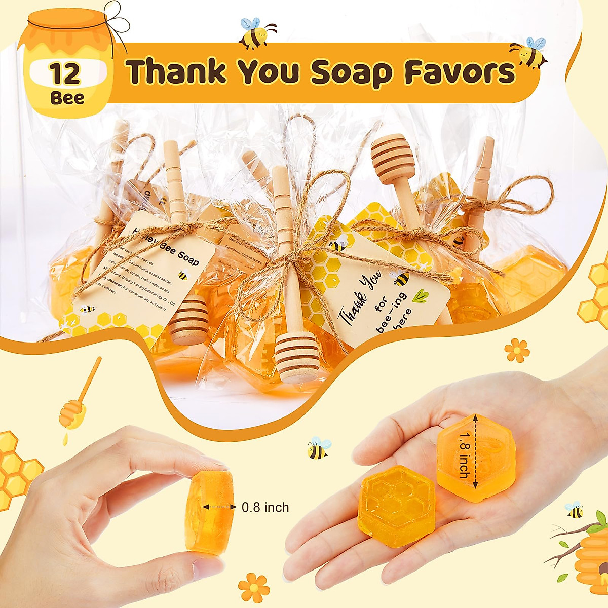 Otuuz 48 Pcs Baby Shower Bee Party Favors Honeycomb Soap Honeycomb Bee Soap with Honeycomb Stick Handmade Soap Favors Gifts for Guest Gender Reveal Party Baby Shower Decorations (Yellow)