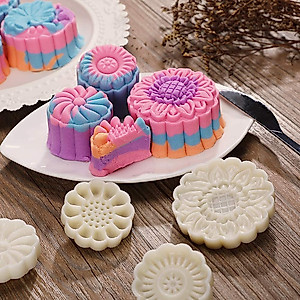 Barelove Bath Bombs Moon Cake Molds Kit, with 8 PCS 3D Thick Floral Shaped Stamps for 2 Sets, Mid-Autumn Festival Decoration Pastry Cookie Soap Hand-Pressure Mooncake Maker Cutter Tools Set (50g+100g)