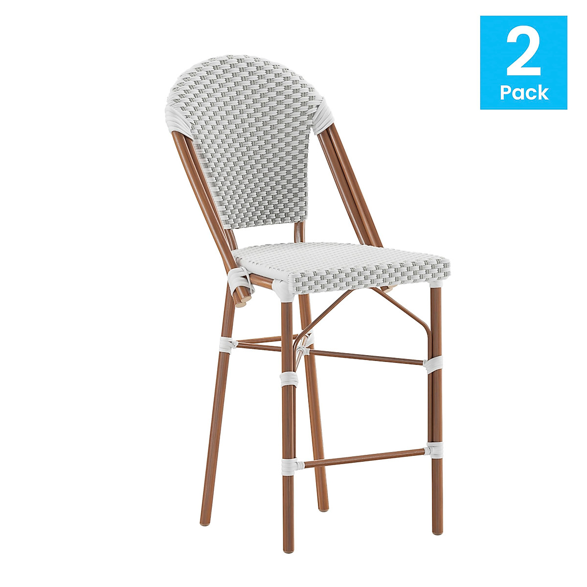 EMMA + OLIVER Colmar Bistro Counter Stool - Stacking Indoor/Outdoor PE Rattan Bar Stool with Bamboo Finish Frame - 26" High - Set of Two - Gray/White