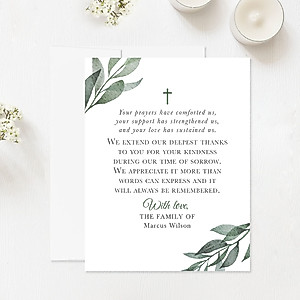 Hello Love Goods Greenery Funeral Thank You Cards with Cross, Personalized Sympathy Acknowledgement Cards with Envelopes, 4.25x5.5 Flat Notecards