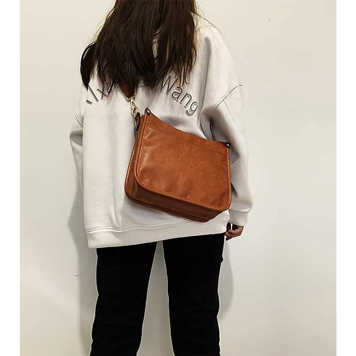 HAIBOLAN Shoulder Bag for Women Leopard Adjustable Guitar Strap Crossbody Purse Vegan Leather Bucket Handbags (A-Brown)