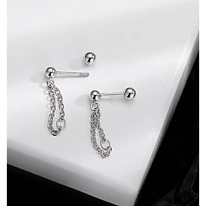18G Double Layers Chain Bar Cartilage Stud Earrings S925 Sterling Silver Threader Tassel Tragus Helix Bar Earring Studs Lip Nose Ring Ear Piercing Jewelry Gifts for Women Girls (White Gold)