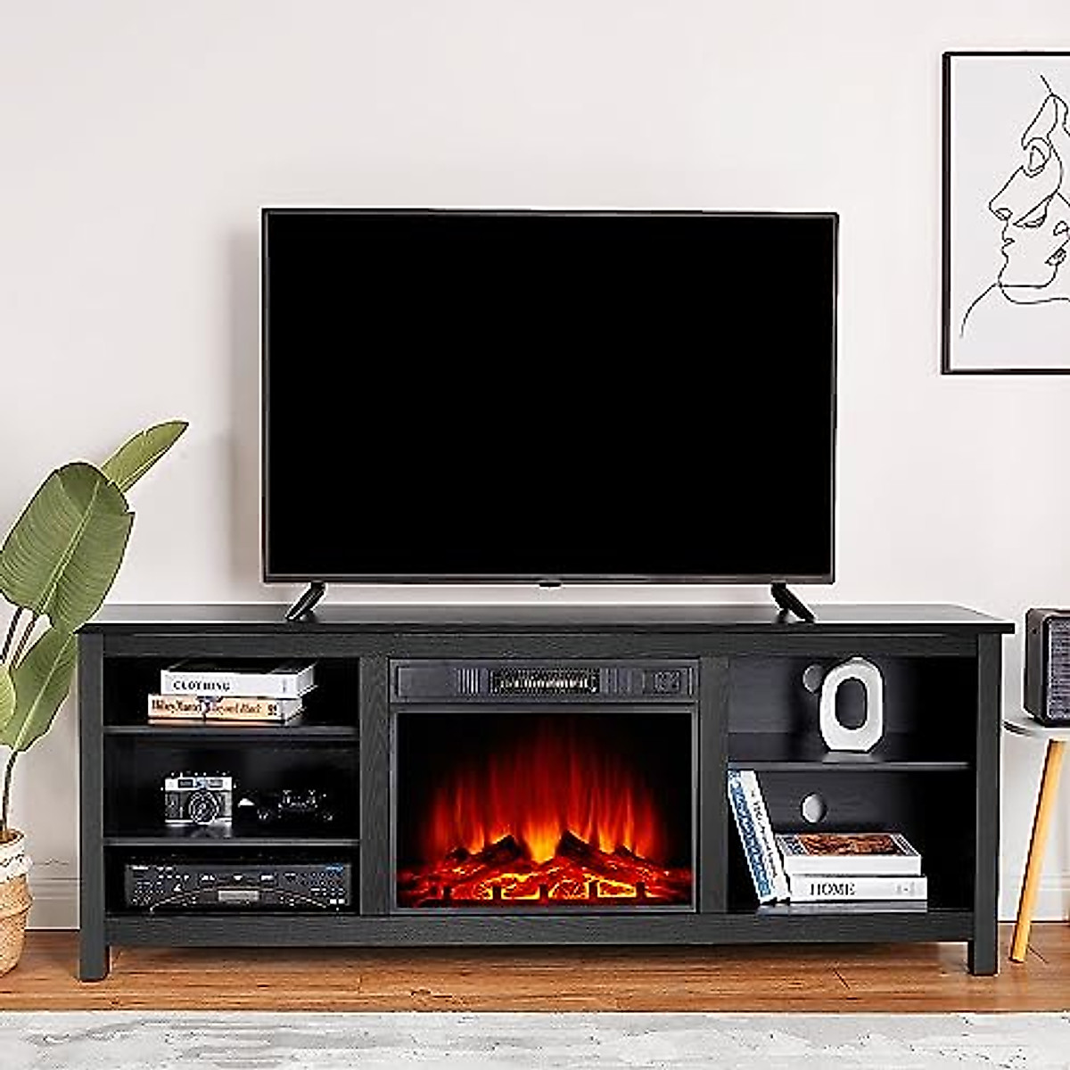 AMERLIFE Fireplace TV Stand, Wood Texture Entertainment Center with 23'' Electric Fireplace, Farmhouse Entertainment Stand Media TV Console for TVs Up to 80'', 70 inches, Black