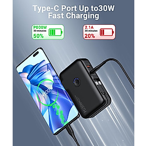 Portable Charger, Power Bank, 16000mAh Power Bank Built-in AC Wall Plug and Cables, PD 30W and QC4.0 Fast Charger for iPhone and Android Phones and Most Electronic Devices (Black)