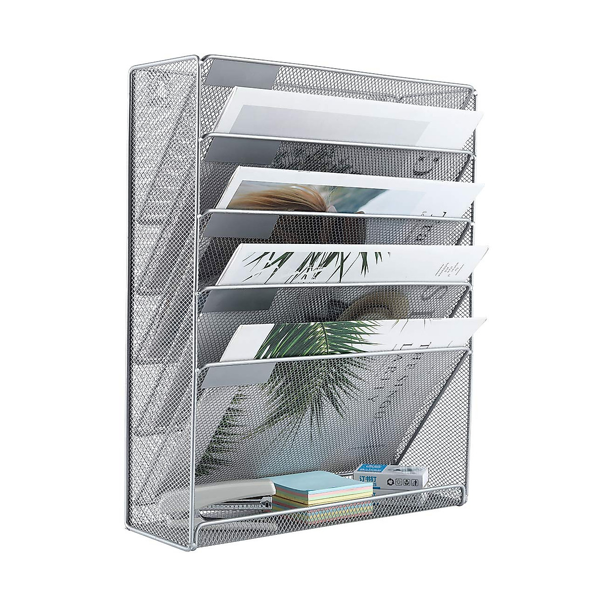 EasyPAG 5 Slot Wall Hanging File Organizer Vertical Office Desk /Wall Mounted File Holder Paper Organizer with Bottom Flat Tray,Black,Silver