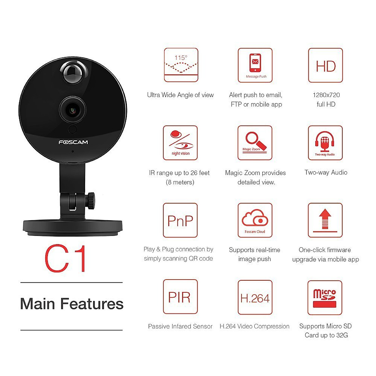 Foscam C1 HD 720P WiFi Security IP Camera with iOS/Android App, Super Wide 115° Viewing Angle, Night Vision Up to 26ft, PIR Motion Detection