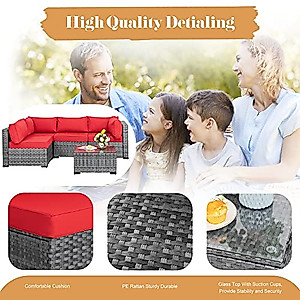 JAMFLY 5 Pieces Patio Furniture Sets, Wicker Outdoor Sectional Furniture with Glass Table and Cushions, Rattan Patio Conversation Sets for Garden, Poolside, Backyard (Red)