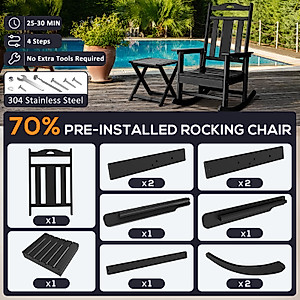 LOENIY HDPE Outdoor Rocking Chair Set of 2, All Weather Resistant Patio Rocker Chair with 350 lbs Heavy Duty, High Back Oversized Rocking Chair for Adult in Porch, Ergonomic Seat (Black)