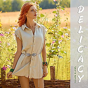 Junkin 2 Pcs Women Concho Western Chain Belts Turquoise Chain Belts Antique Western Waist Belts Metal Belt