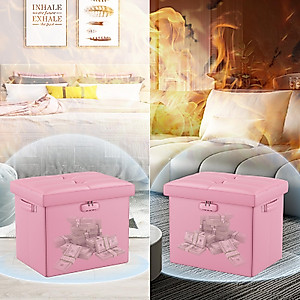 DocSafe Storage Ottoman with Lock,Fireproof Folding Ottoman Foot Rest Stool Storage Chest with Storage Safe for Important Documents,Waterproof 17 Inches Short Ottoman Foot Stool with Handles,Pink