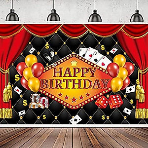 MEETSIOY Casino Birthday Backdrop Red Curtain Gold Tassel Photo Booth Card Chip Banner Decorated with Alaskan Party Photo Supplies 5x3ft RBJGJMT151