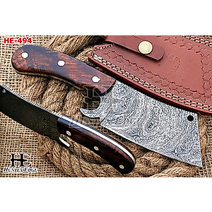 HUNTEX Handmade Hand-Forged Twist Pattern Damascus Steel 9 Inch Long Full Tang Walnut Wood Handle Razor Sharp Hunting Camping Cleaver Knife w/Genuine Leather Sheath