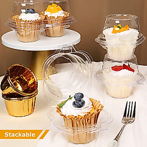 FVIEXE 100 Pack Individual Cupcake Containers, Single Plastic Cupcake Storage Boxes, Disposable Clear Cupcake Holder with Lid To Go Muffin Transport Carrier with 100 Pack Cupcake Liners for Party